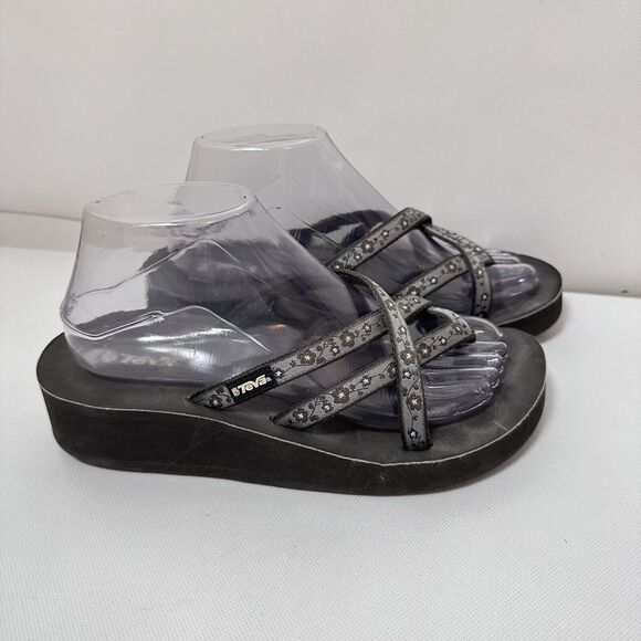 Teva | Shoes | Teva Sandal Womens Gray Green Strappy Logo Wedge ...
